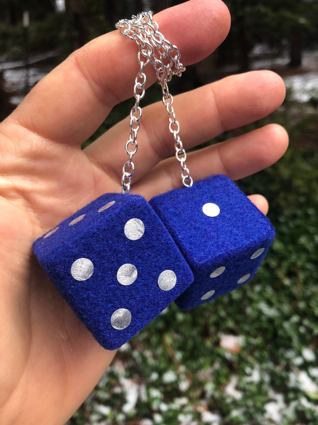 Royal Blue Fuzzy Dice With Silver Metallic Dots and Chain or Cord / Car ...