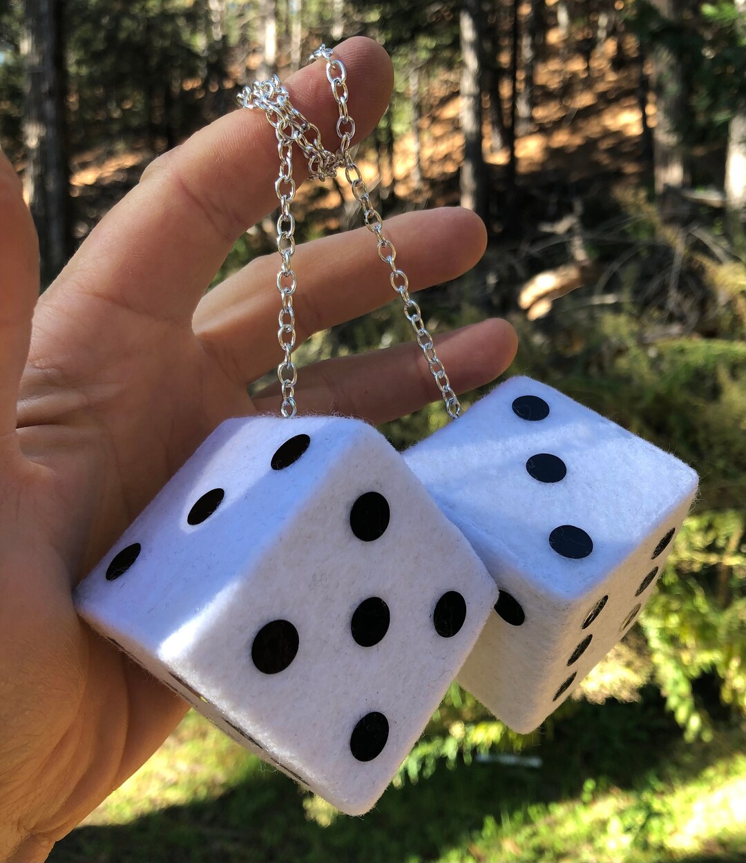 Big 2 White Fuzzy Dice With Black Dots and Chain or Cord / Car ...