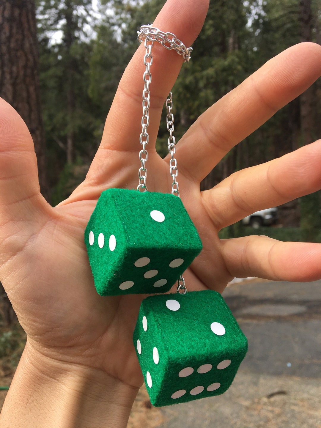 Pirate Green Fuzzy Dice With White Dots and Chain or Cord / Car ...