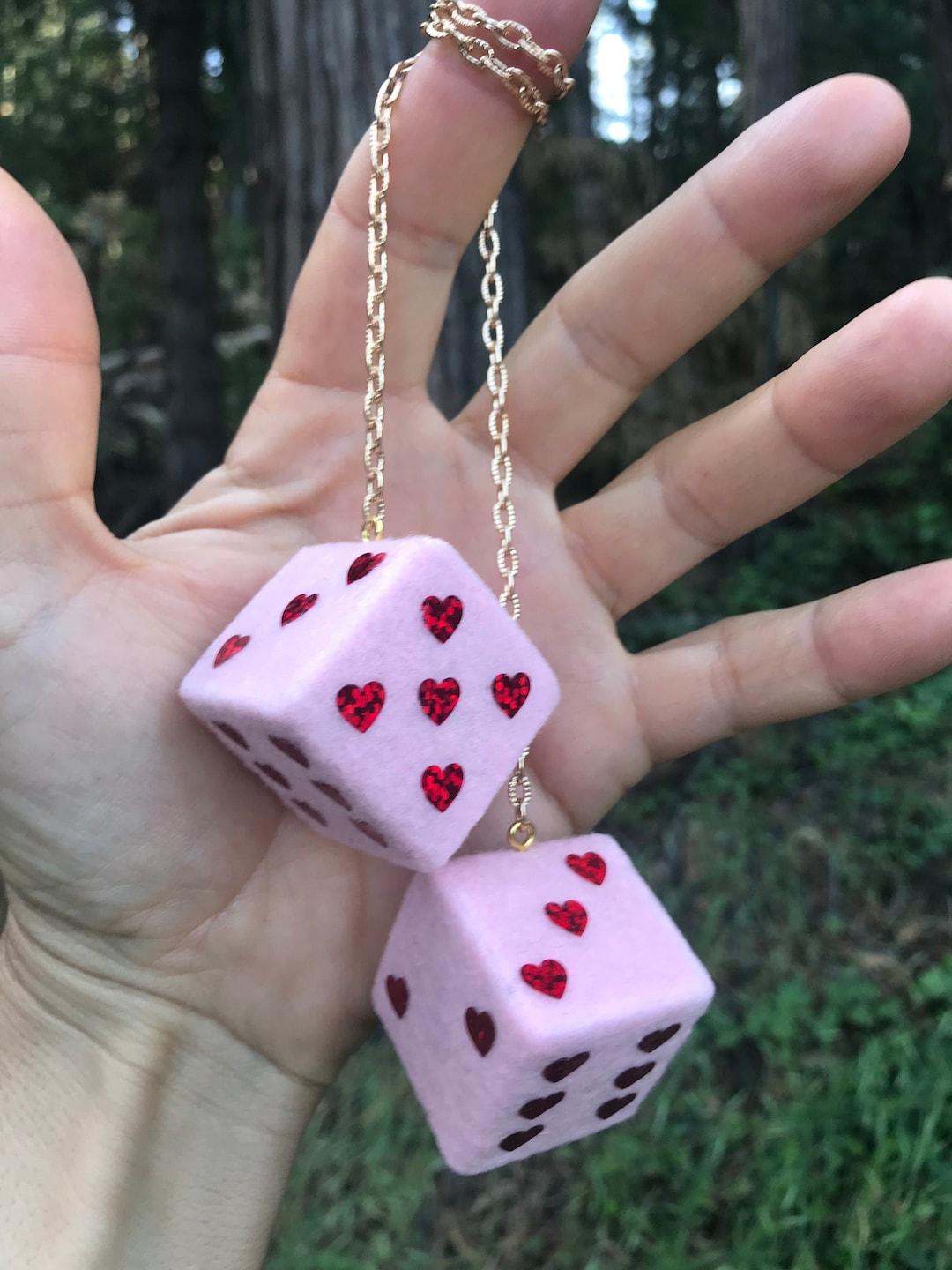 Baby Pink Fuzzy Dice With Red Sparkle Hearts and Chain or Cord / Car ...
