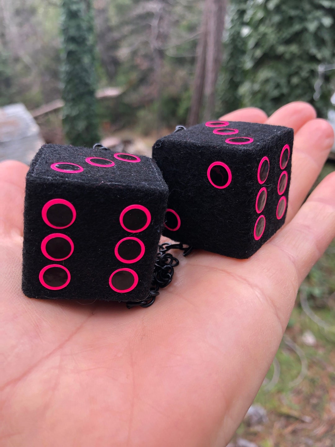 Black & Hollow Pink Neon Fuzzy Dice on Chain or Cord / Car Accessories ...