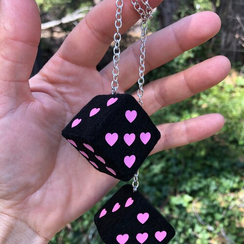 Black Fuzzy Dice With Pink Hearts and Chain or Cord - Etsy