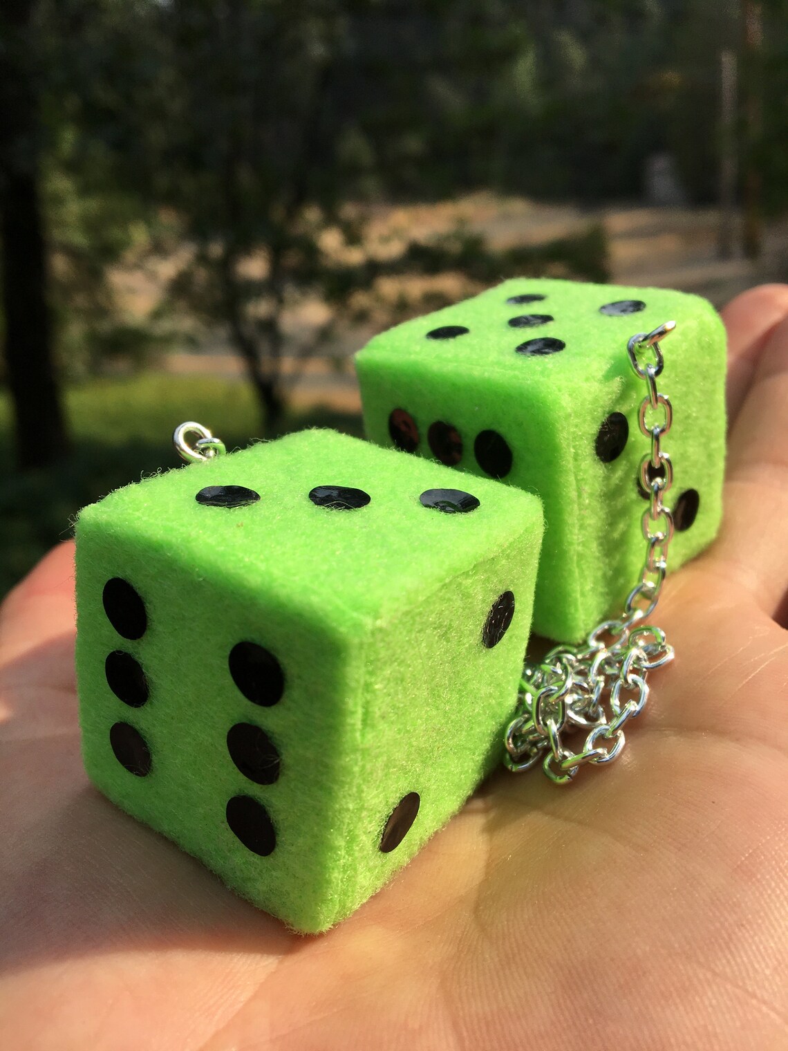 Neon Green Fuzzy Dice With Black Dots and Chain or Cord / Car ...