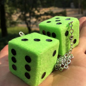 Neon Green Fuzzy Dice With Black Dots and Chain or Cord / Car ...