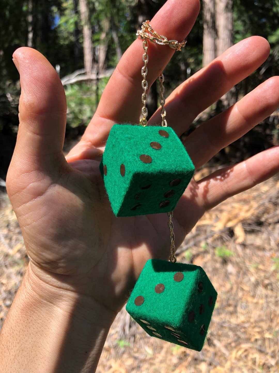 Pirate Green Fuzzy Dice With Dark Brown Dots and Chain or Cord / Car ...