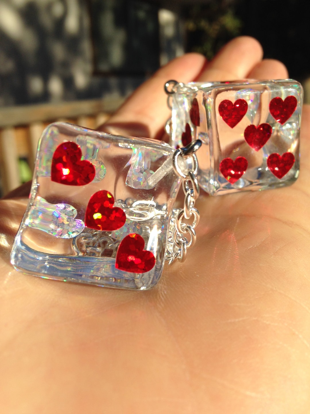 Ice Cube Rear View Mirror Hangers With Red Sparkle Hearts and Chain or ...