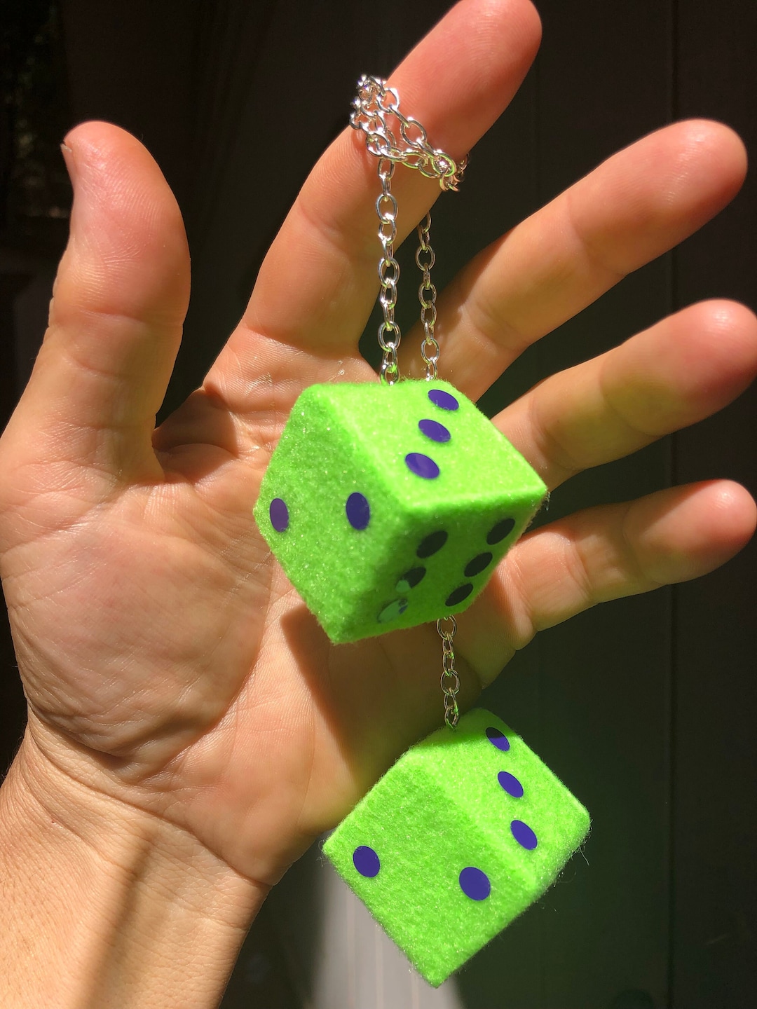 Neon Green Fuzzy Dice With Purple Dots and Chain or Cord / Car ...