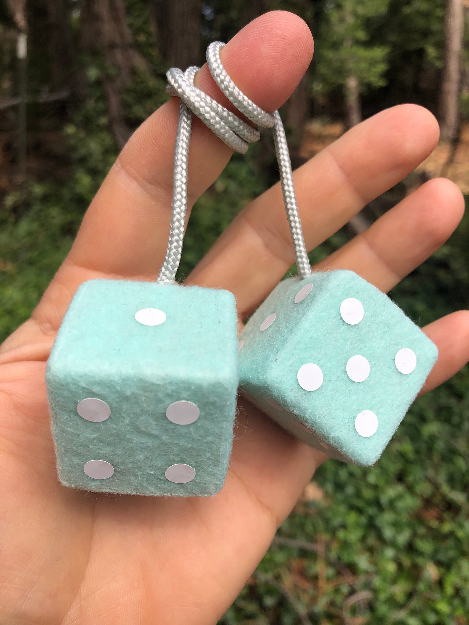 Minty Green Fuzzy Dice With White Dots and Chain or Cord / Car ...
