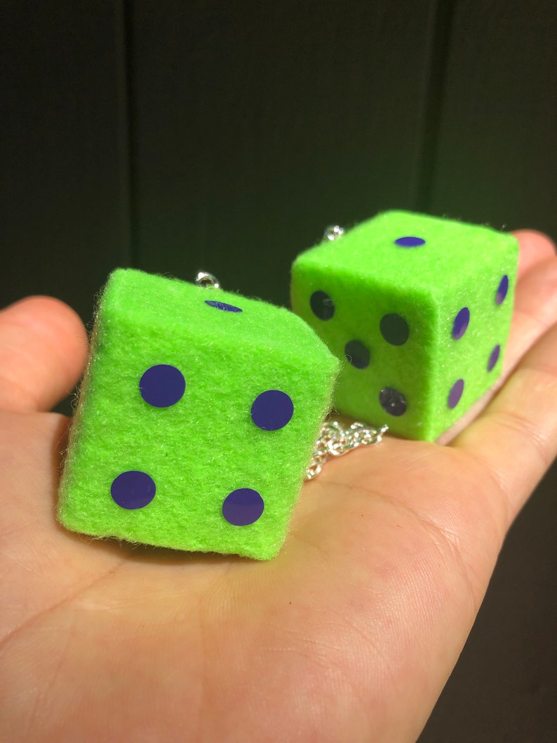 Neon Green Fuzzy Dice With Purple Dots and Chain or Cord / Car ...