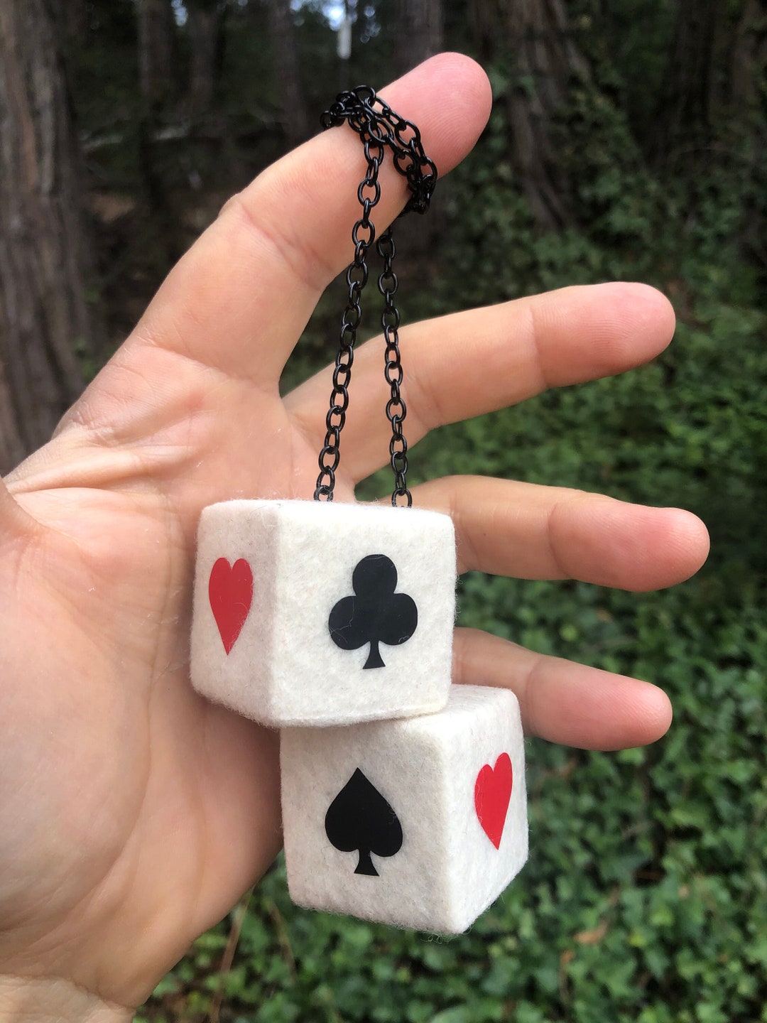 Antique White Playing Card Symbols Fuzzy Dice and Chain or Cord / Poker ...