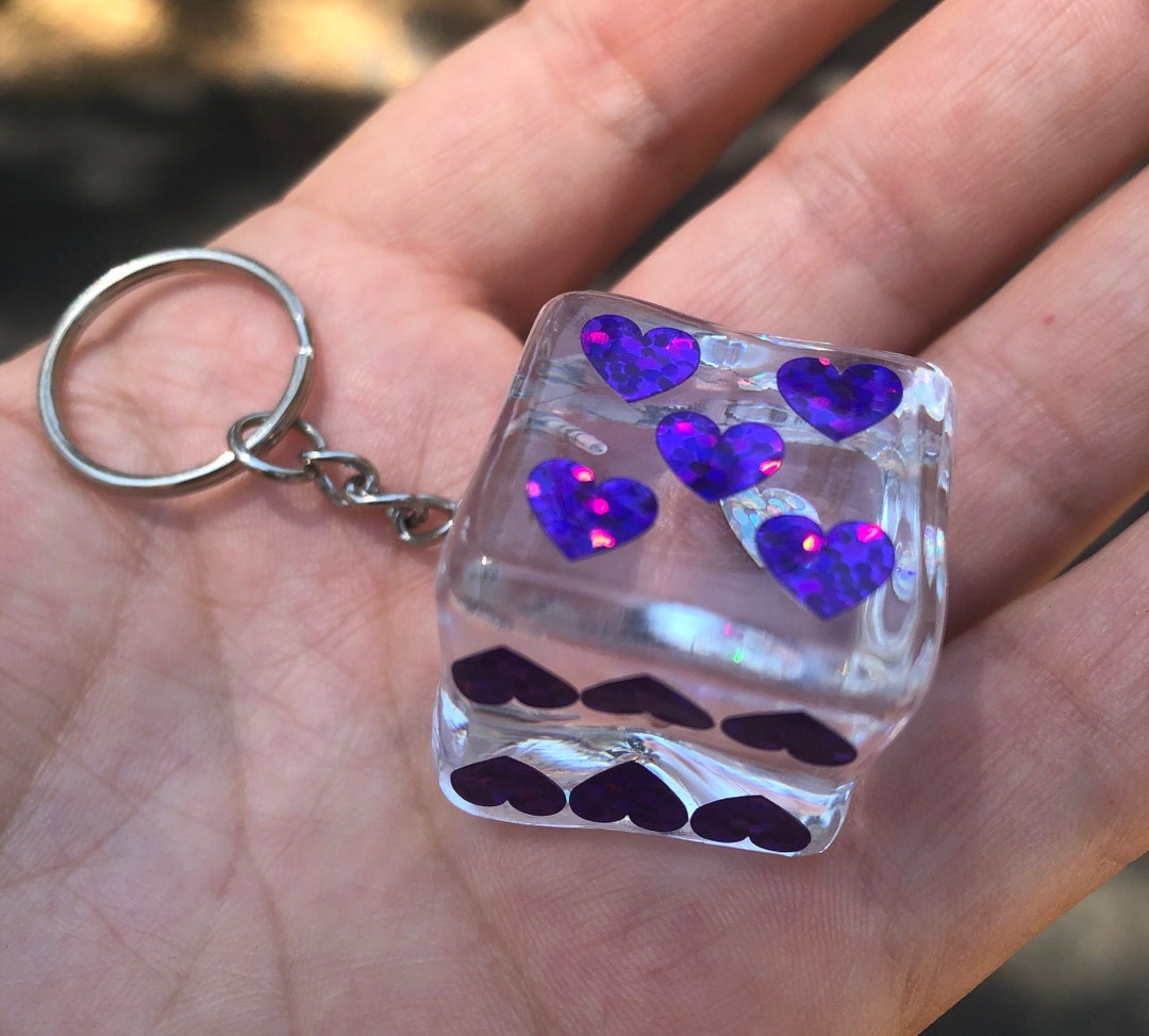 Ice Dice Keychain With Purple Sparkle Hearts Ice Cube Keys Holder Charm ...