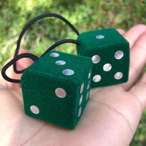Dark / Kelly Green Fuzzy Dice With Golden Yellow Dots and Chain or Cord ...