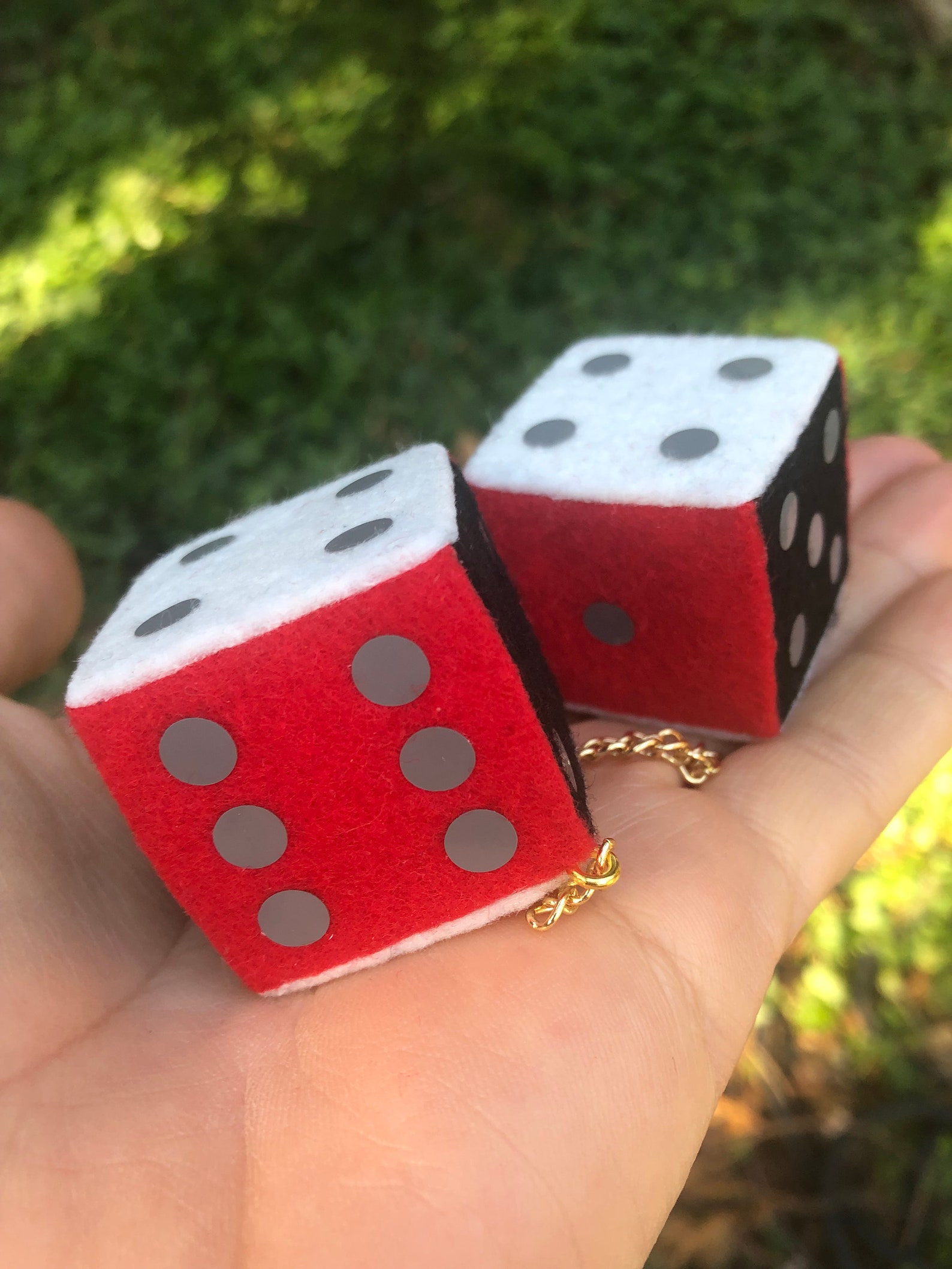 Red, Black, & White Colors Fuzzy Dice With Dark Gray Dots and Chain or ...