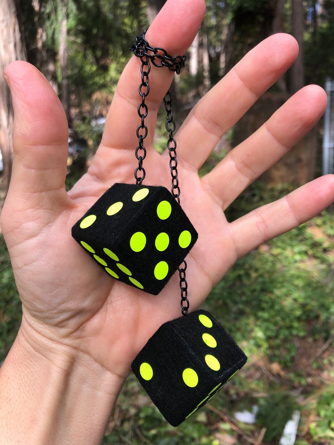 Black Fuzzy Dice With Neon Yellow Dots and Chain or Cord / Car ...