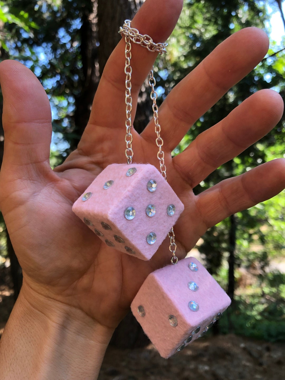 Baby Pink Fuzzy Dice With Clear Bling Gems and Chain or Cord / Car ...