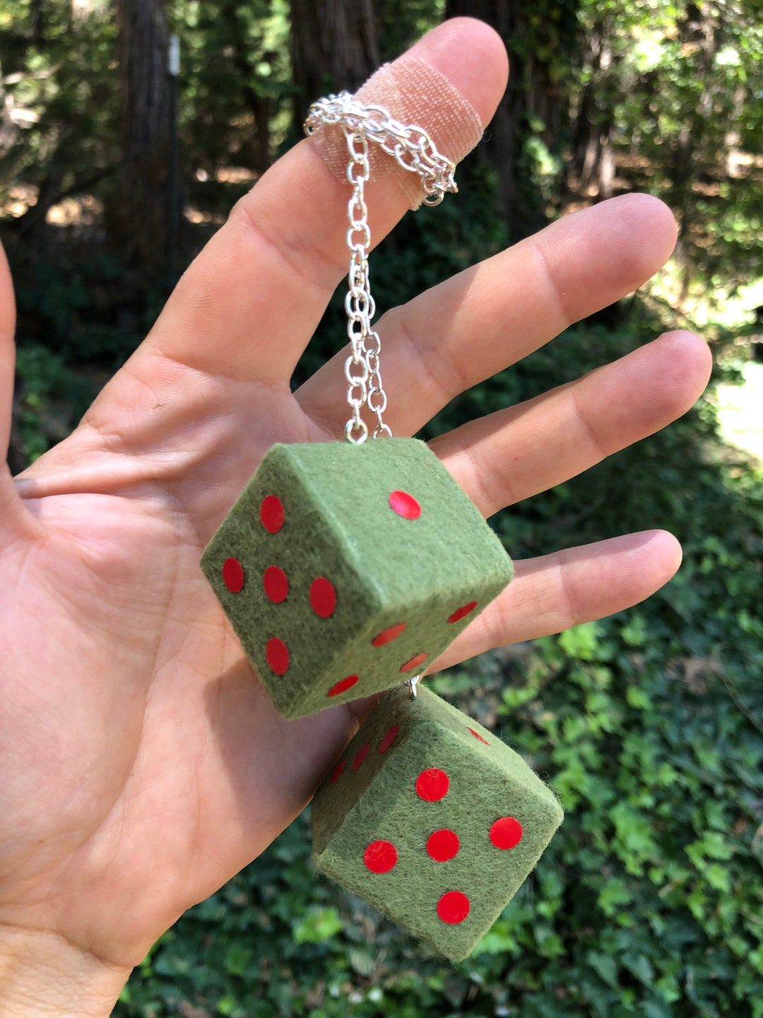 Olive Green Fuzzy Dice With Red Dots and Chain or Cord / Car ...