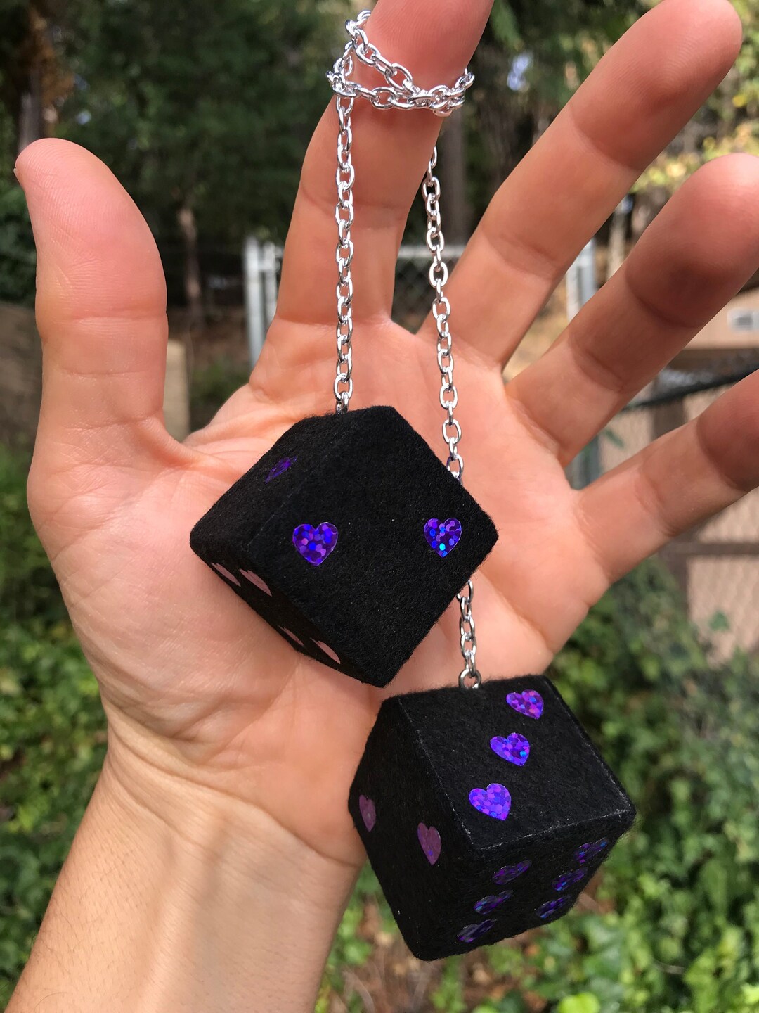 Black Fuzzy Dice With Purple Sparkle Hearts and Chain or Cord / Car ...