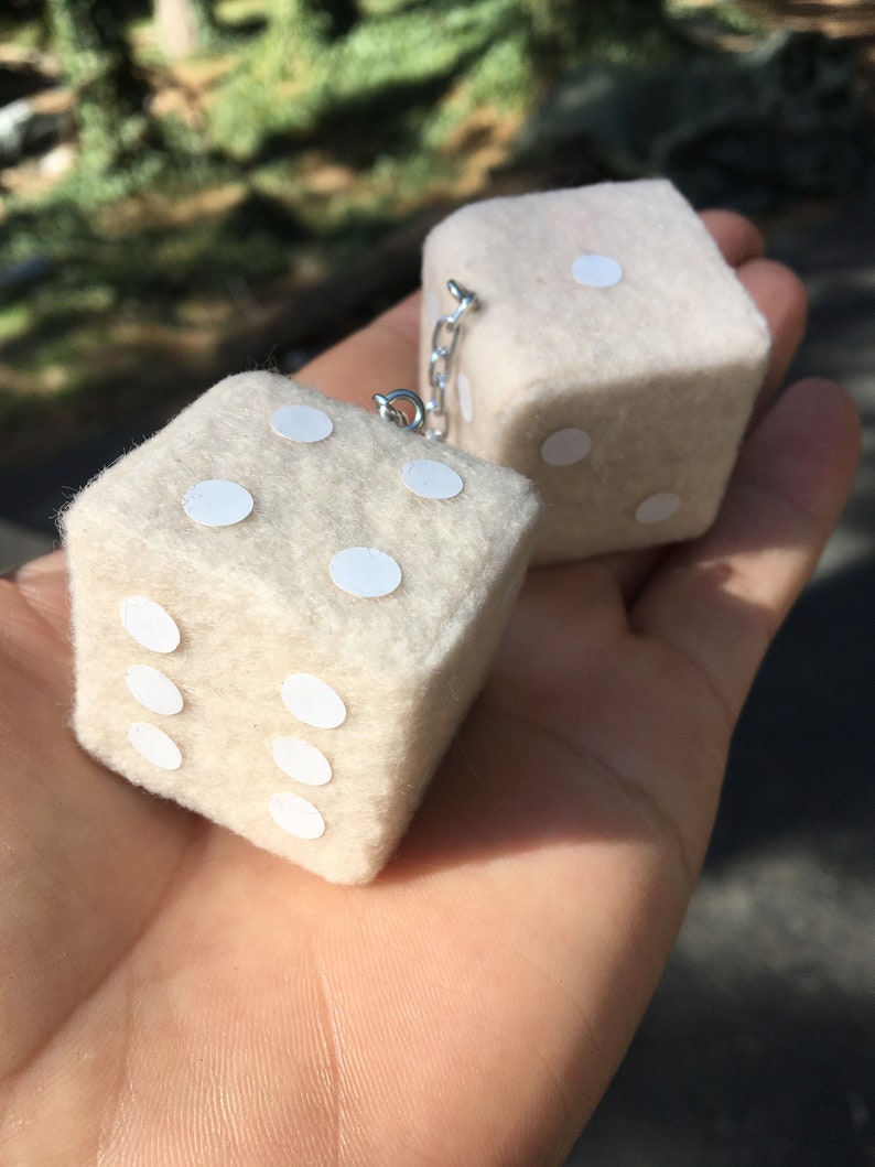 Cream Fuzzy Dice With White Dots and Chain or Cord / Car Accessories ...