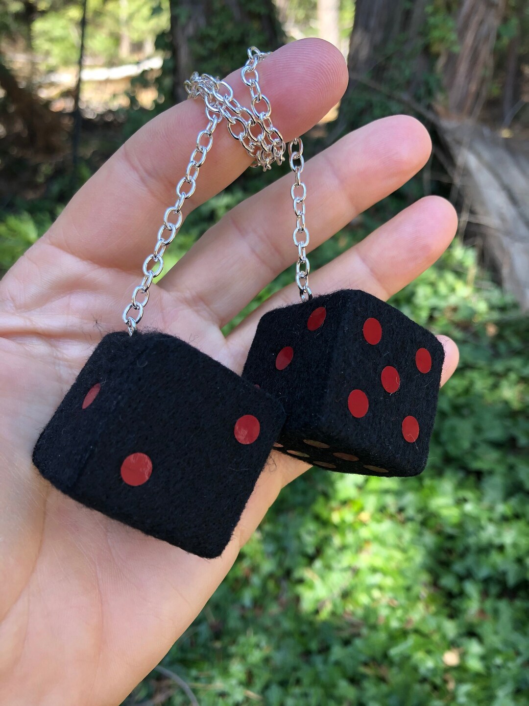Black Fuzzy Dice With Burgundy Dots and Chain or Cord / Car Accessories ...