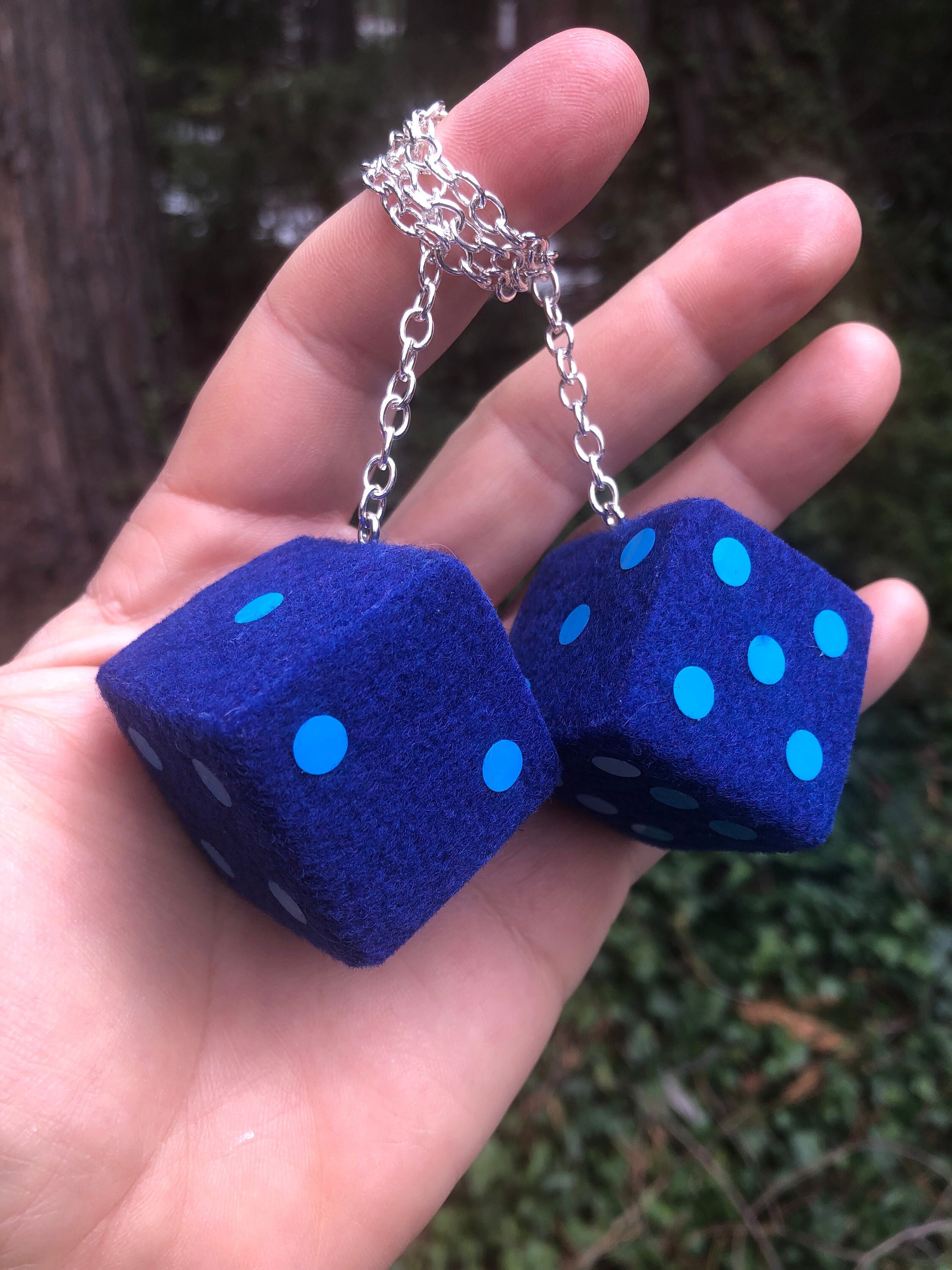 Royal Blue Fuzzy Dice With Golden Yellow Dots and Chain or Cord / Car ...