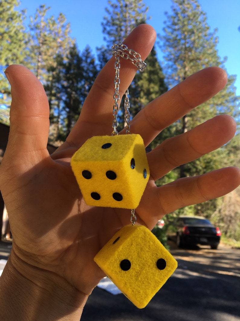 Yellow Fuzzy Dice With Black Dots and Chain or Cord / Car Accessories ...