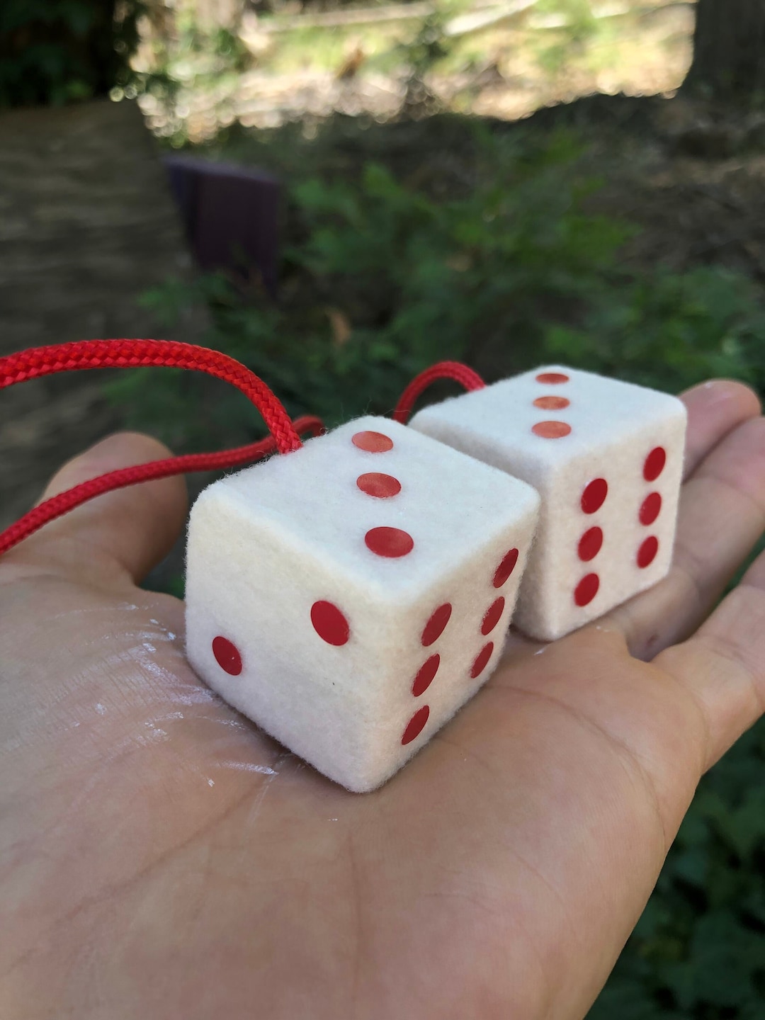Cream Fuzzy Dice With Red Dots and Chain or Cord / Car Accessories ...