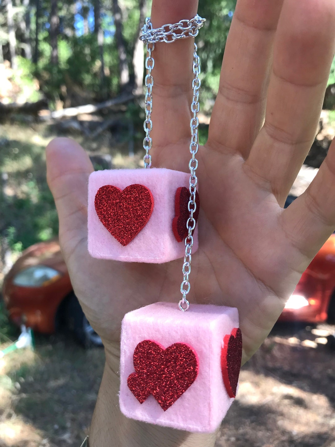 Pink Fuzzy Dice With Big Red Glittered Hearts on Chain or Cord / Car ...