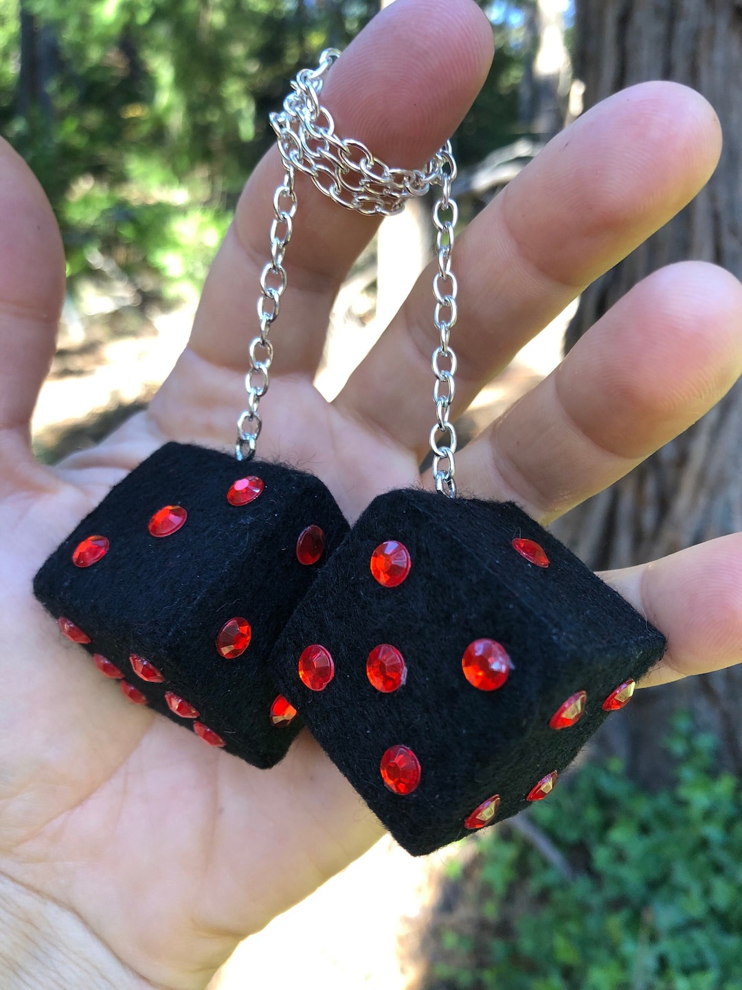 Black Fuzzy Dice With Red Bling Gems and Chain or Cord / Car ...