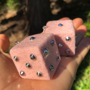 Baby Pink Fuzzy Dice With Silver Chrome Gems and Chain or Cord / Car ...