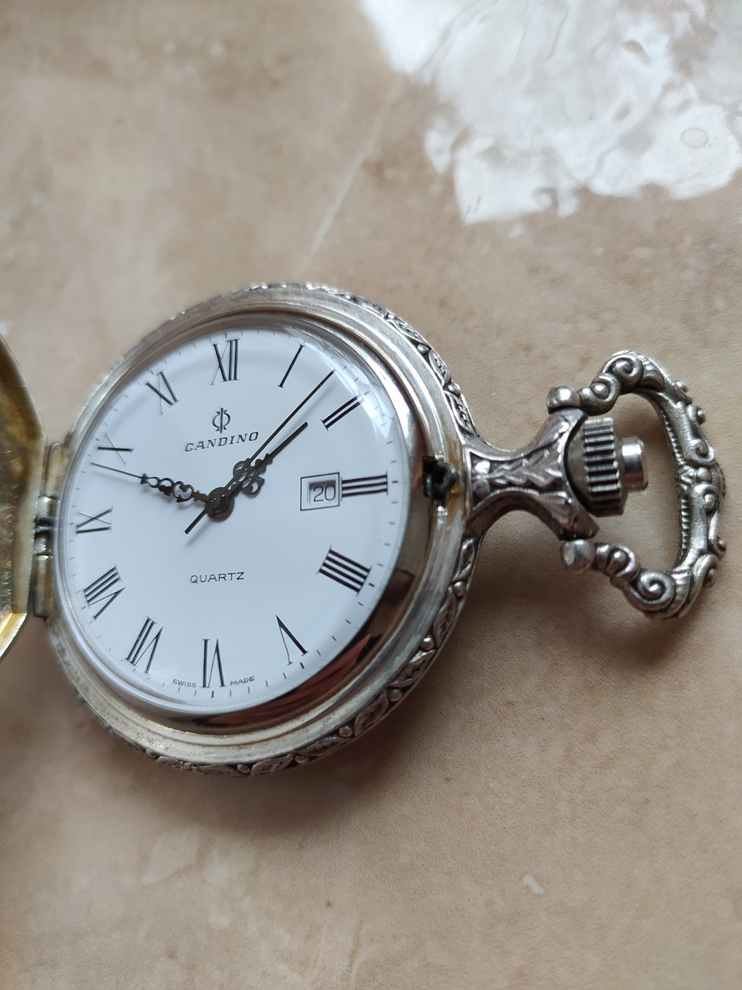Vintage Candino Swiss Quartz Pocket Watch, 1980s Fisherman Relief ...