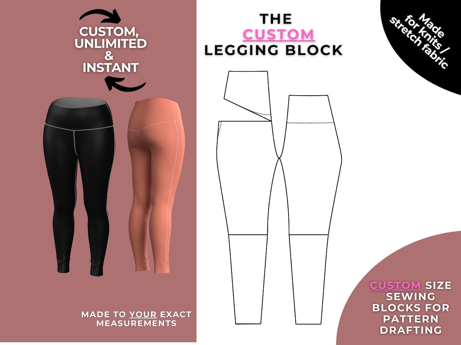 Custom Size Leggings Sewing Pattern Block, Made-to-measure High Waist Legging PDF Sewing Pattern ...