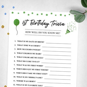 1st Birthday Trivia. How Well Do You Know Me? Party Game. Green First ...