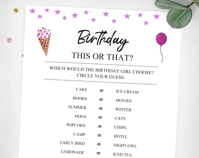 Birthday This or That Party Game. Teen Tween Girl Birthday - Etsy