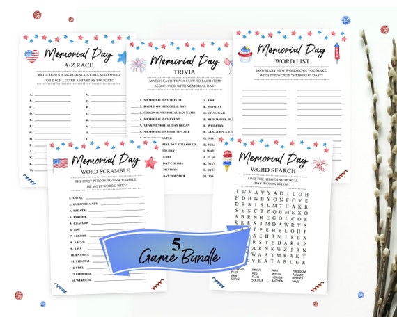 Memorial Day 5 Game Bundle. Memorial Day Holiday Games. at | Etsy