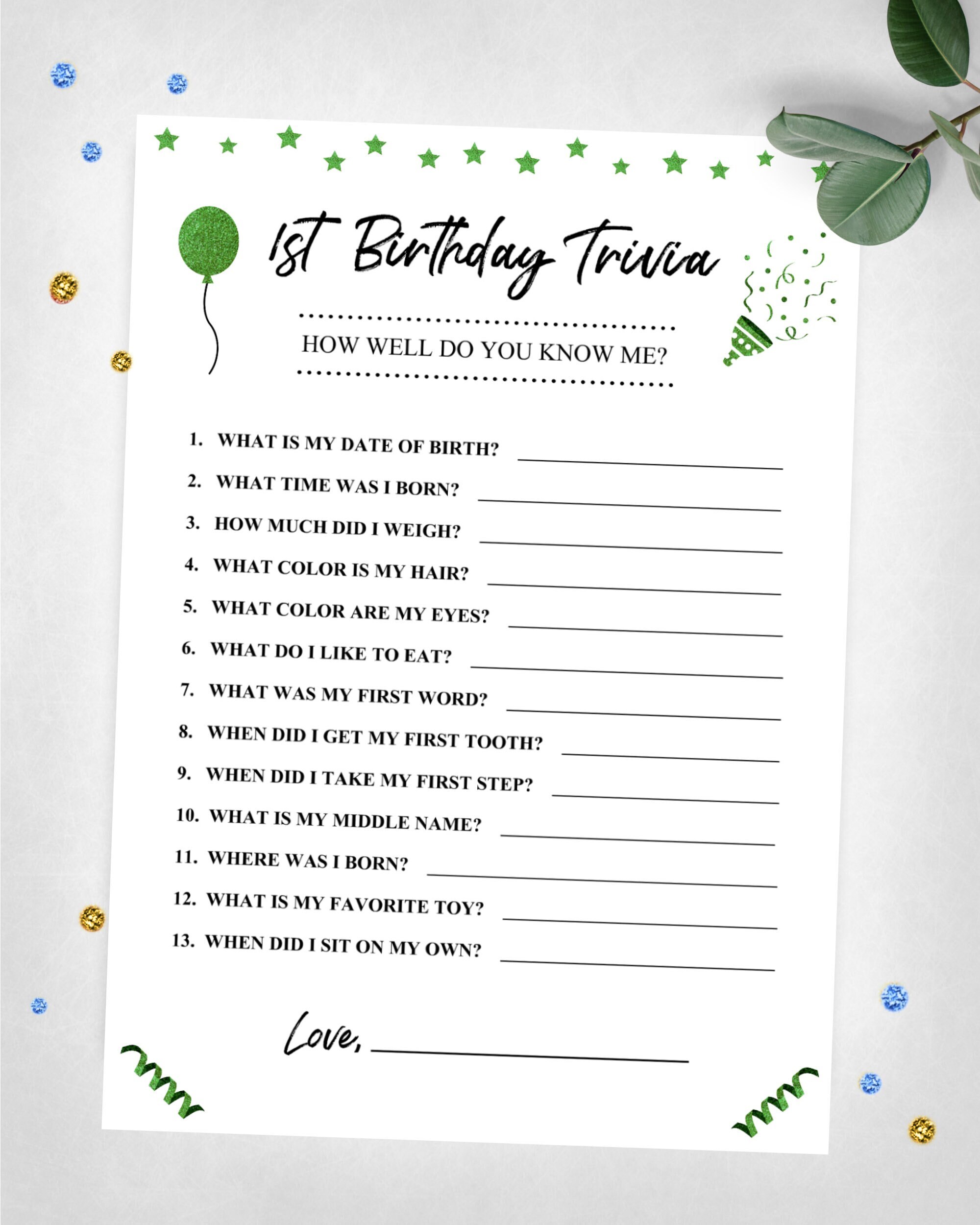 1st Birthday Trivia. How Well Do You Know Me? Party Game. Green First ...