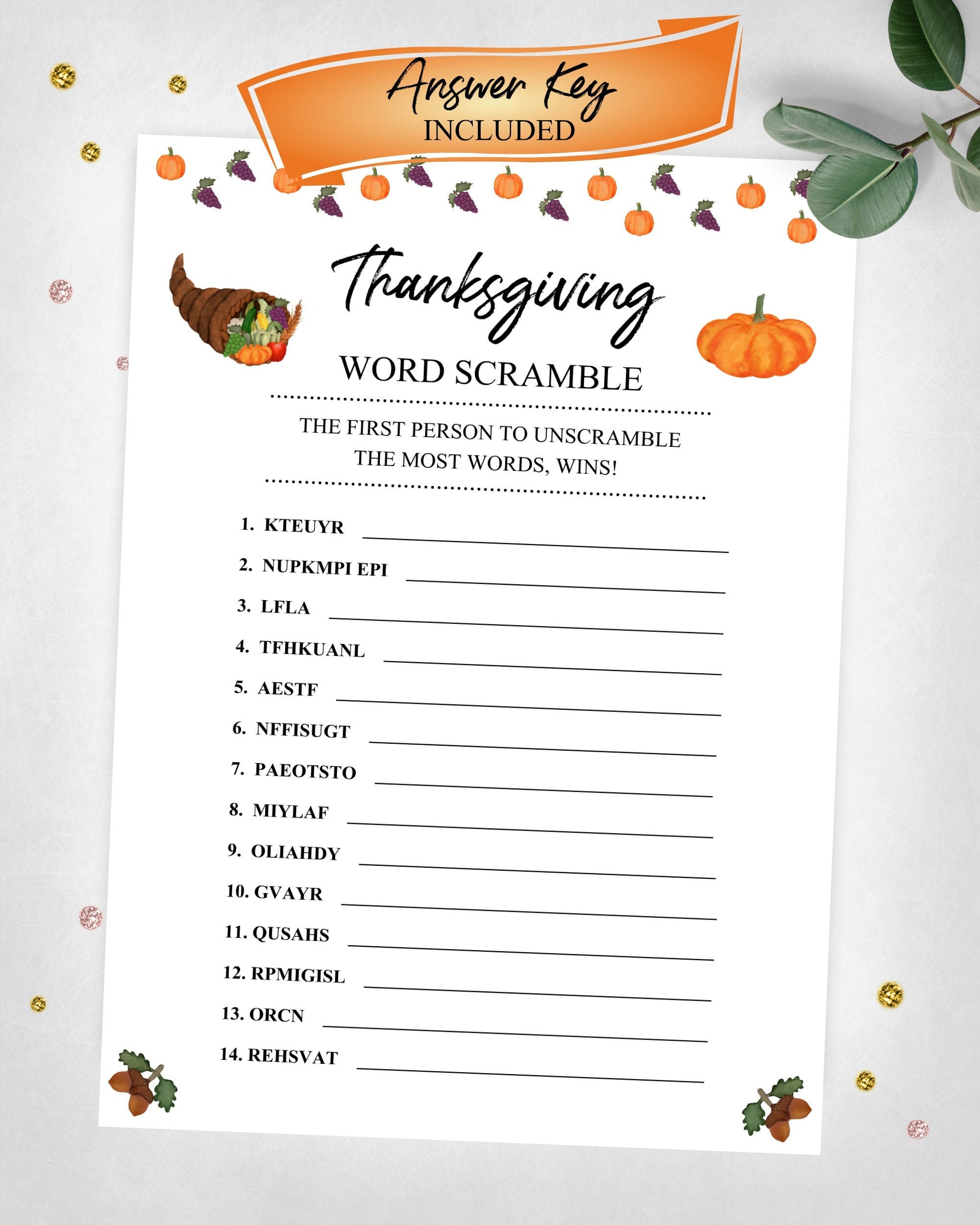 Thanksgiving Word Scramble. Holiday Game. Thanksgiving Party Game. Fall ...