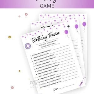 Birthday Trivia Purple Party Game. Youth, Adult, Teen, Tween Girl ...