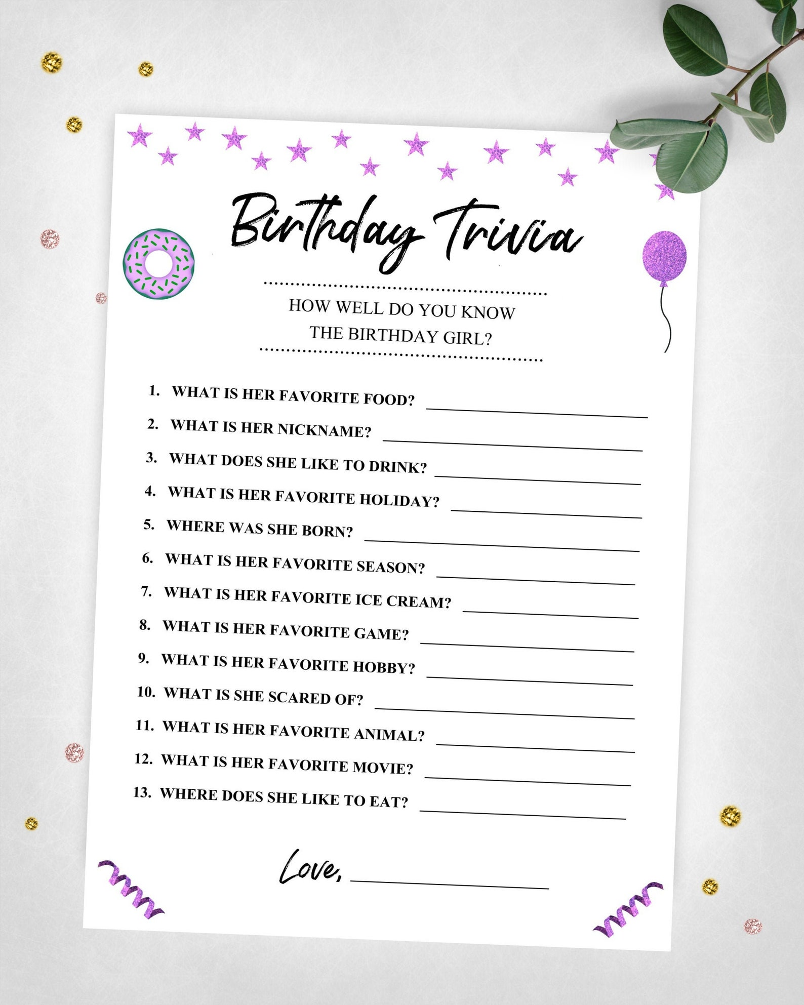 Birthday Trivia Purple Party Game. Youth, Adult, Teen, Tween Girl ...