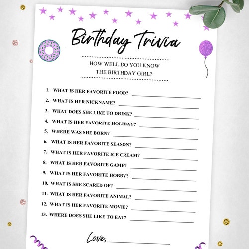 Birthday Trivia Purple Party Game. Youth Adult Teen Tween - Etsy