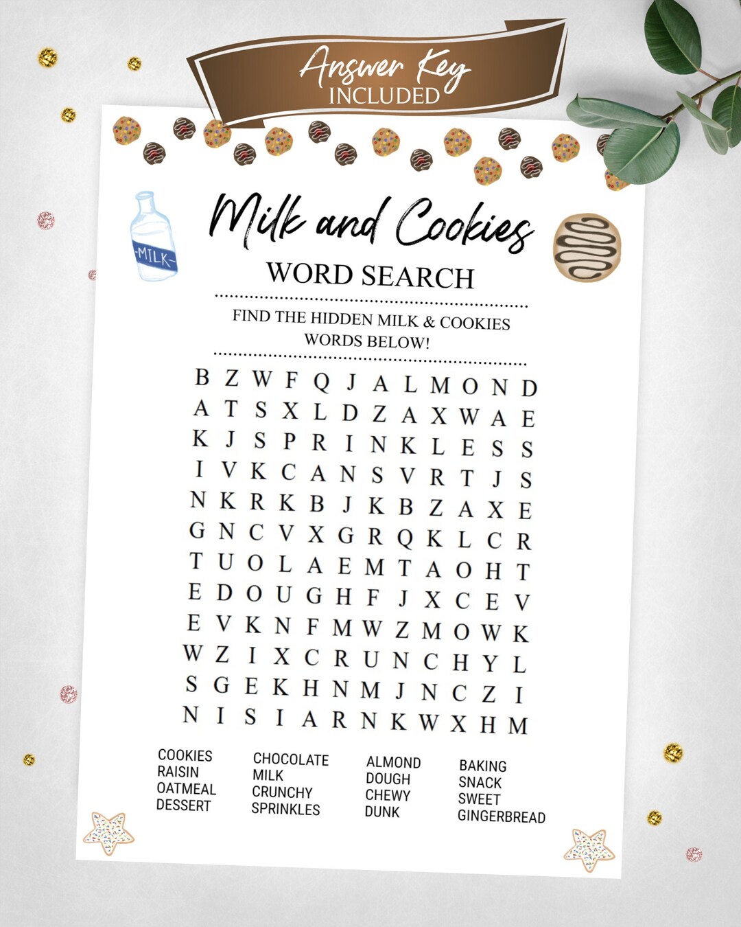 Milk and Cookies Word Search. Birthday Party Game. Milk & Cookies Theme ...