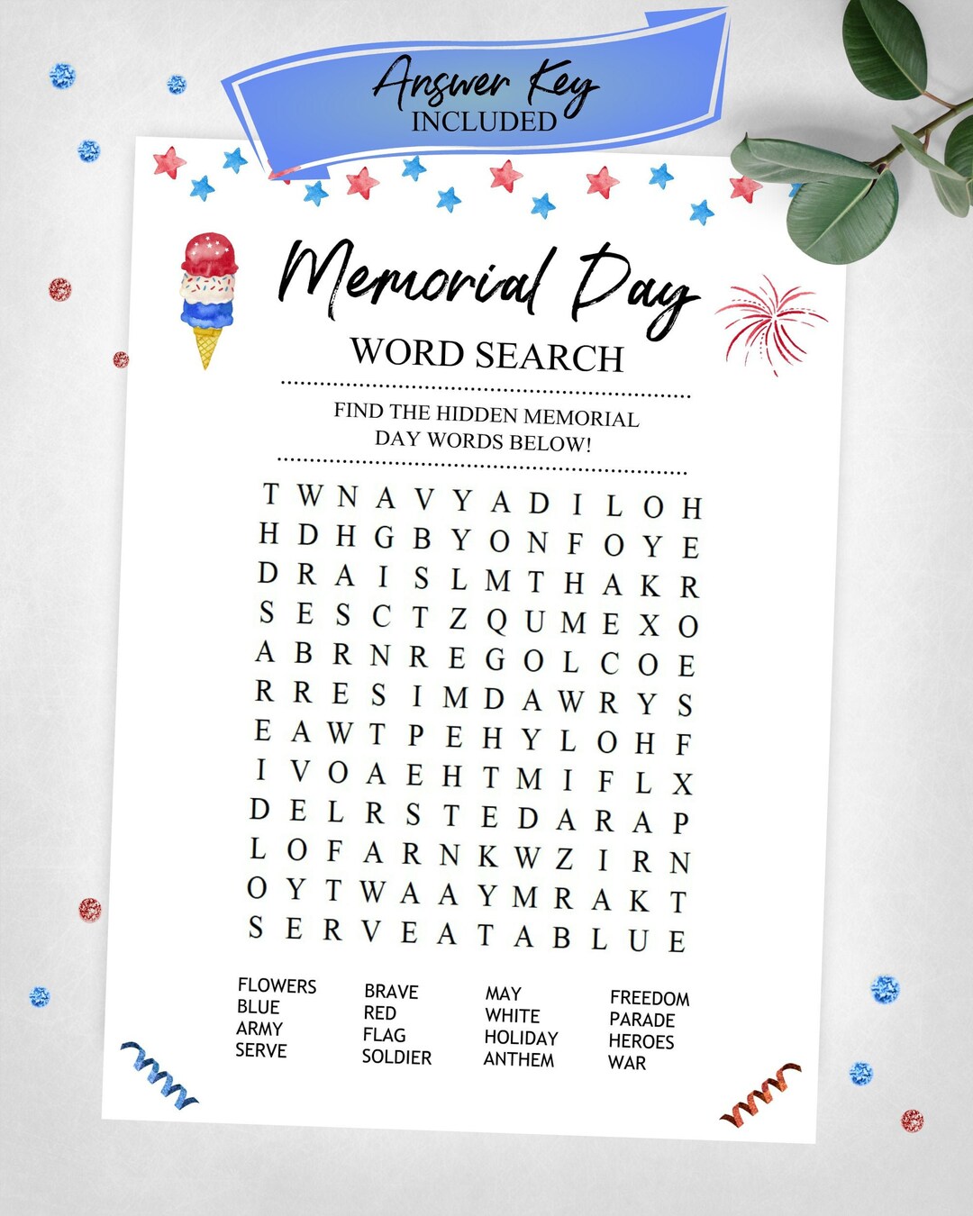 Memorial Day Word Search. Memorial Day Holiday Game. at Home Game ...