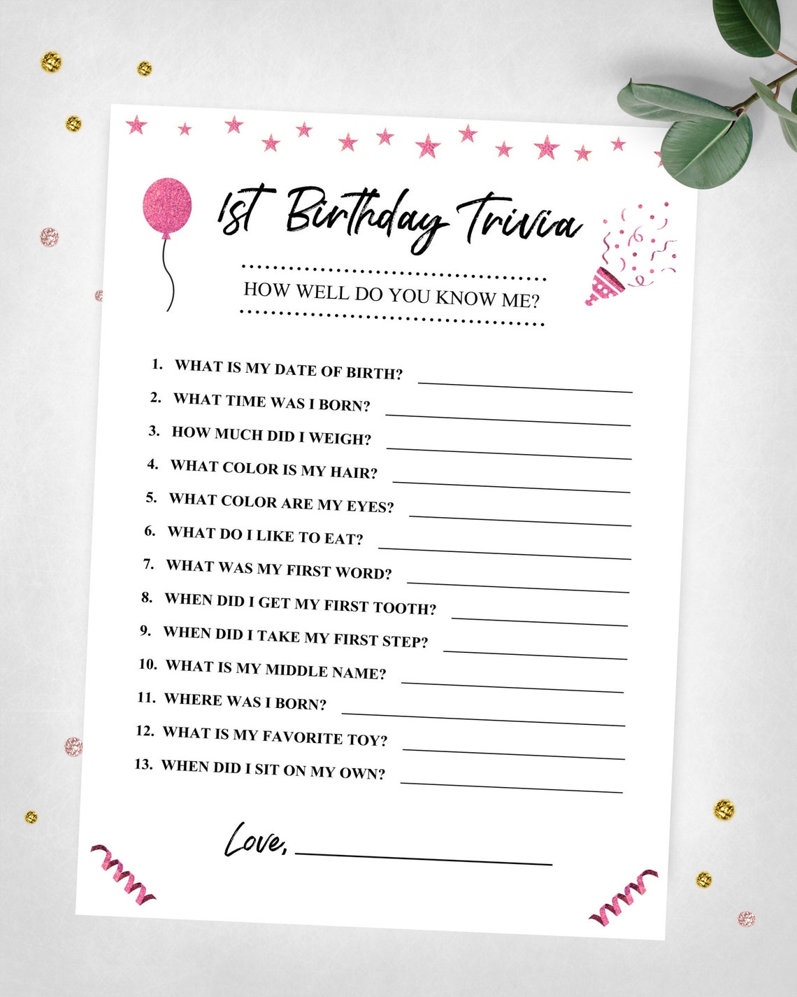 1st Birthday Trivia. How Well Do You Know Me? Party Game. Pink First ...
