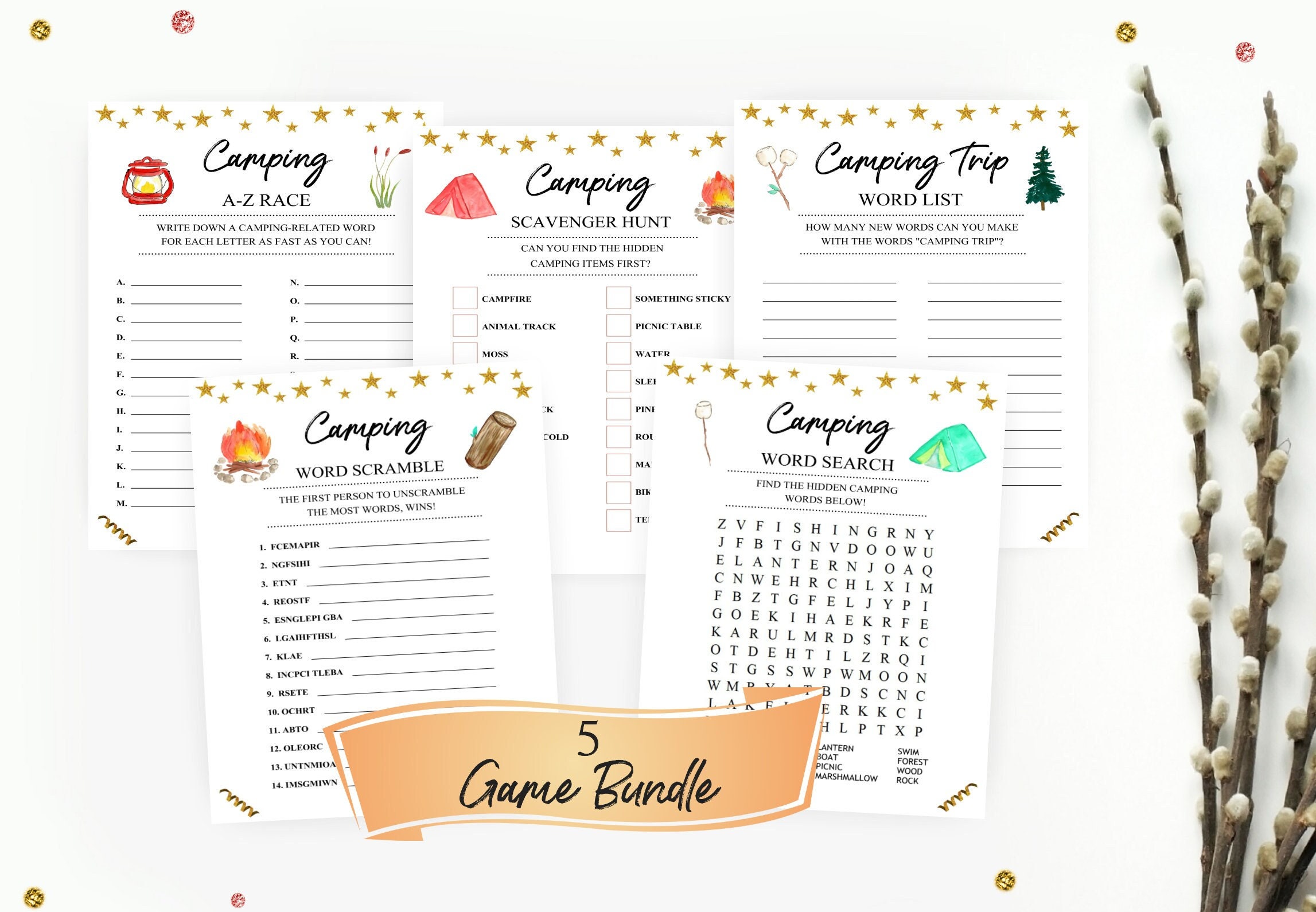 Camping 5 Game Bundle. Word Search, Word Scramble, Hunt. Spring, Summer ...