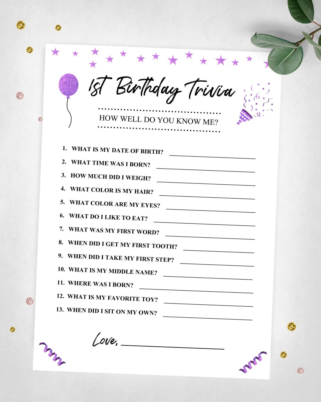 1st Birthday Trivia. How Well Do You Know Me? Party Game. Purple First ...