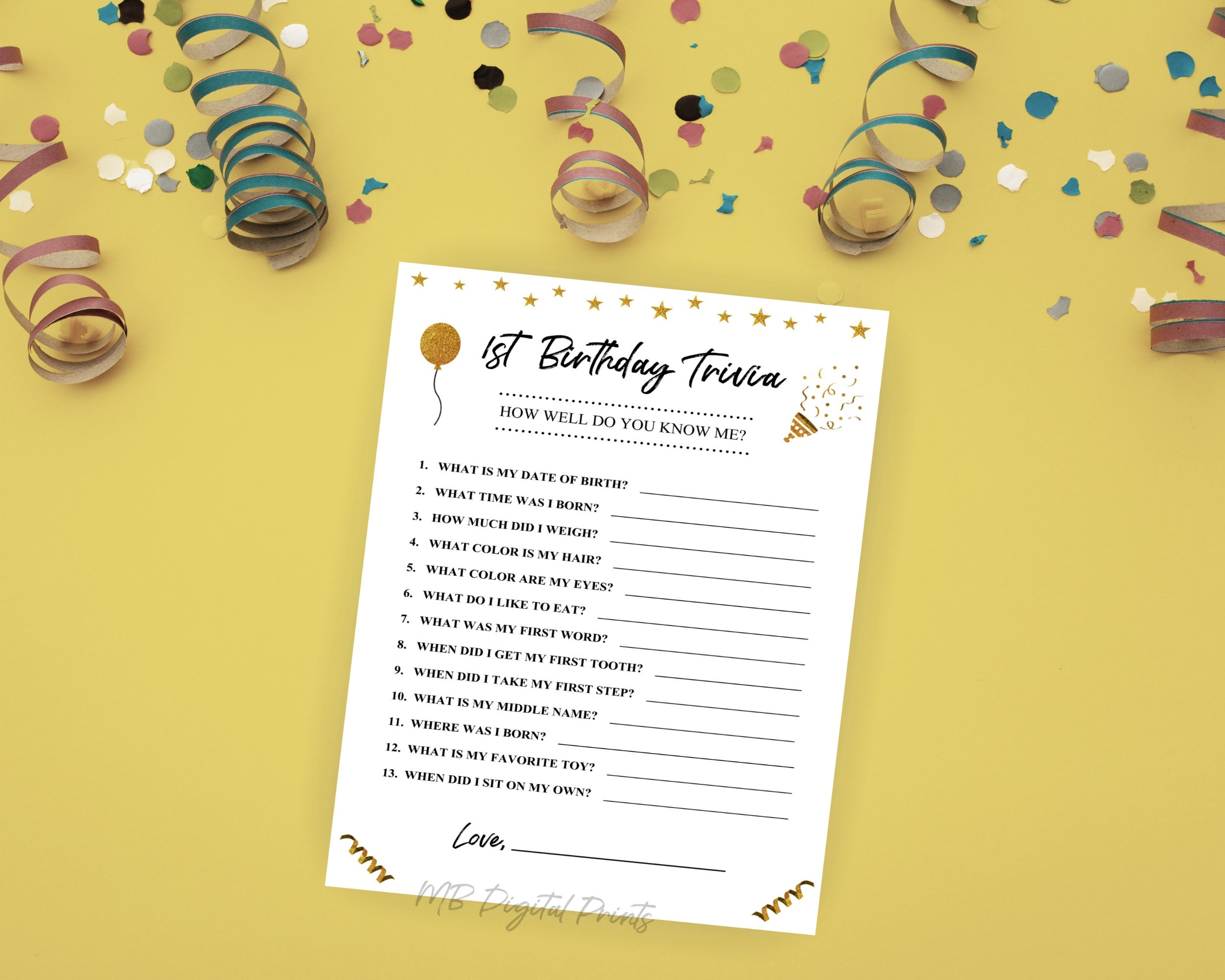 1st Birthday Trivia. How Well Do You Know Me Party Game. Gold - Etsy UK