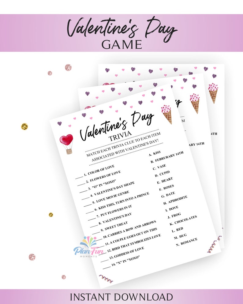 Valentine's Day Trivia. Party Game. Holiday Game. Lilac and Lavendar ...