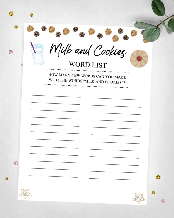 Milk and Cookies Word List. Birthday Party Game. Milk & | Etsy