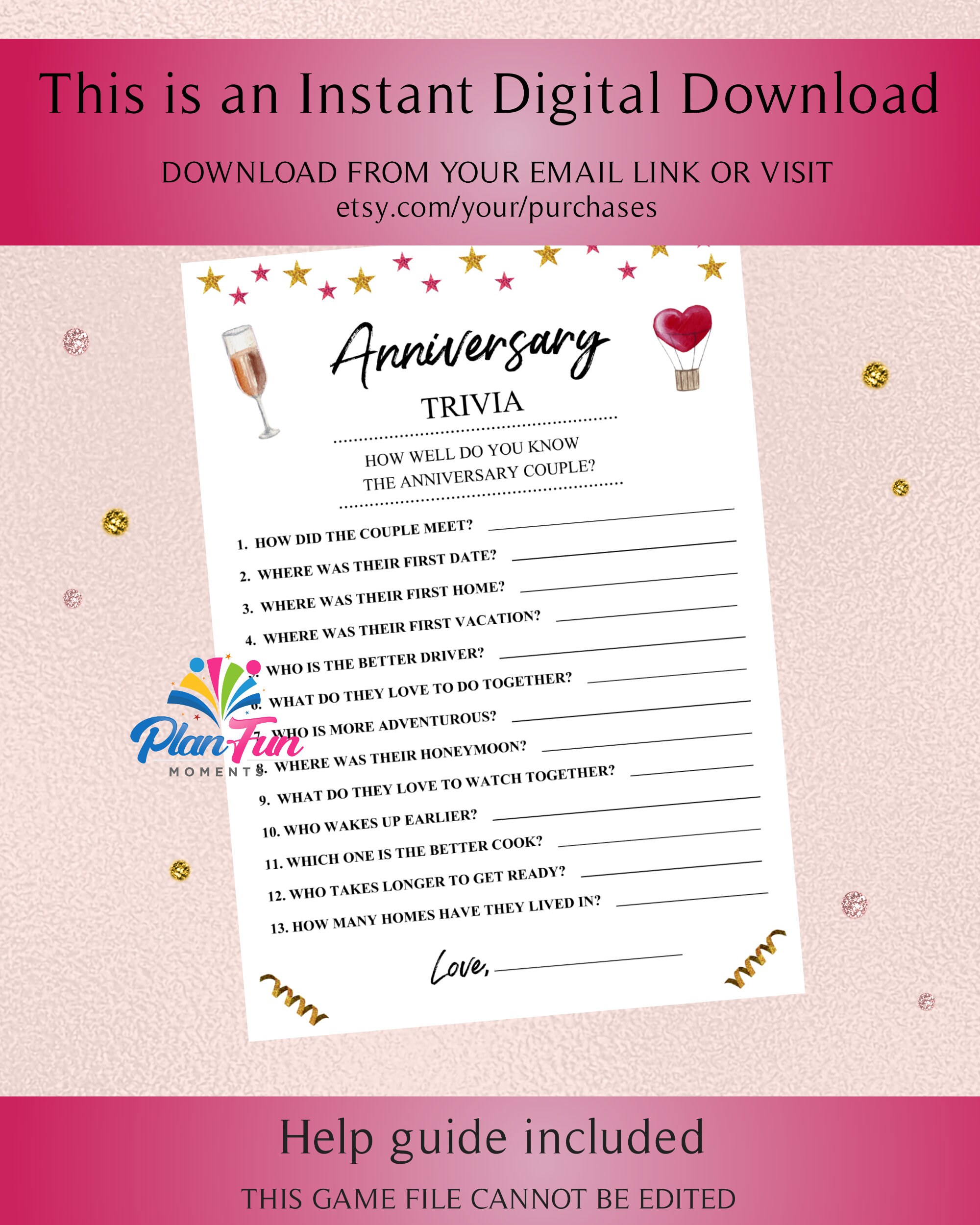 Anniversary Trivia. Party Keepsake Game. Anniversary Party - Etsy
