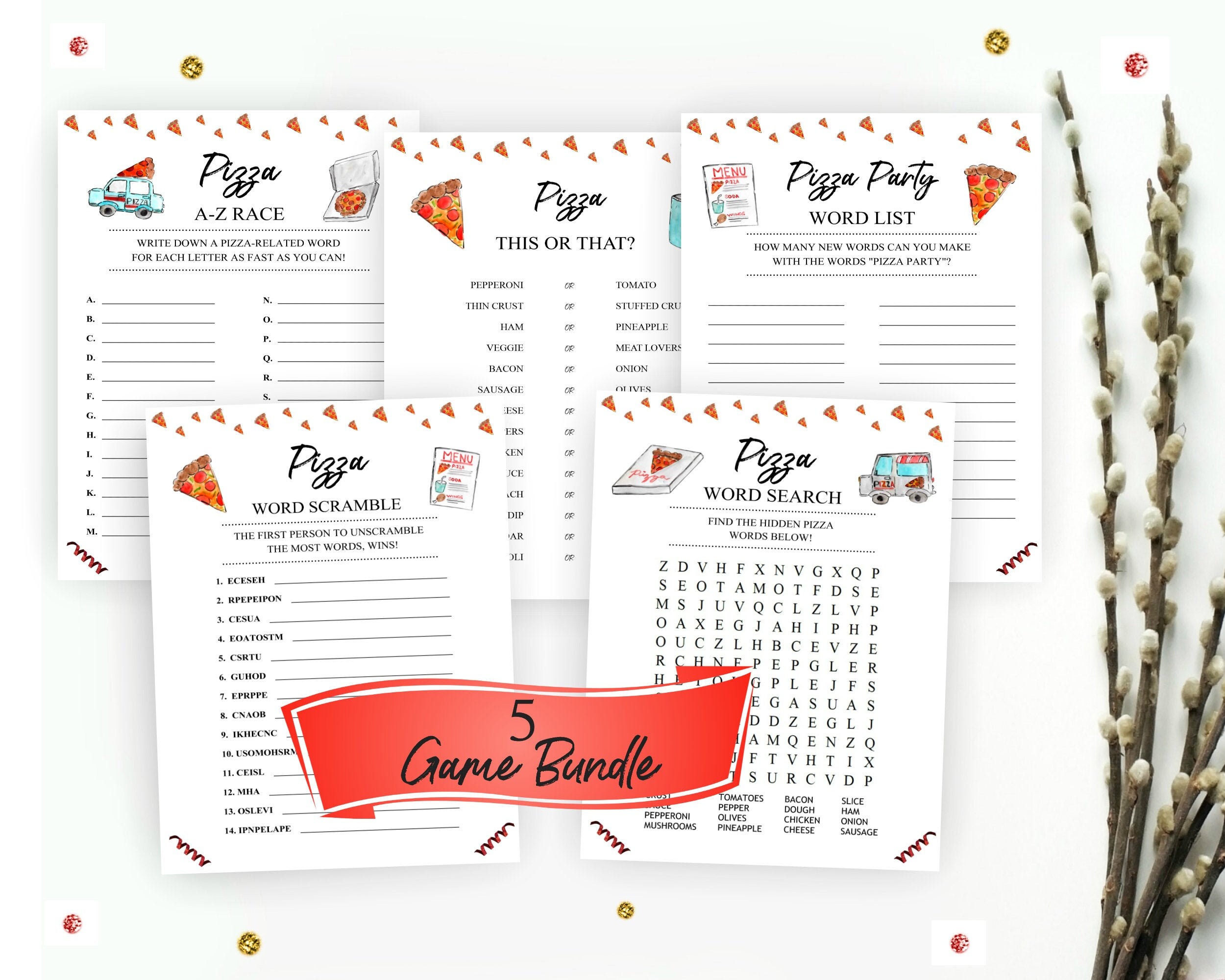 Pizza 5 Game Bundle. Race. This or That. Word Search. Scramble. Word ...