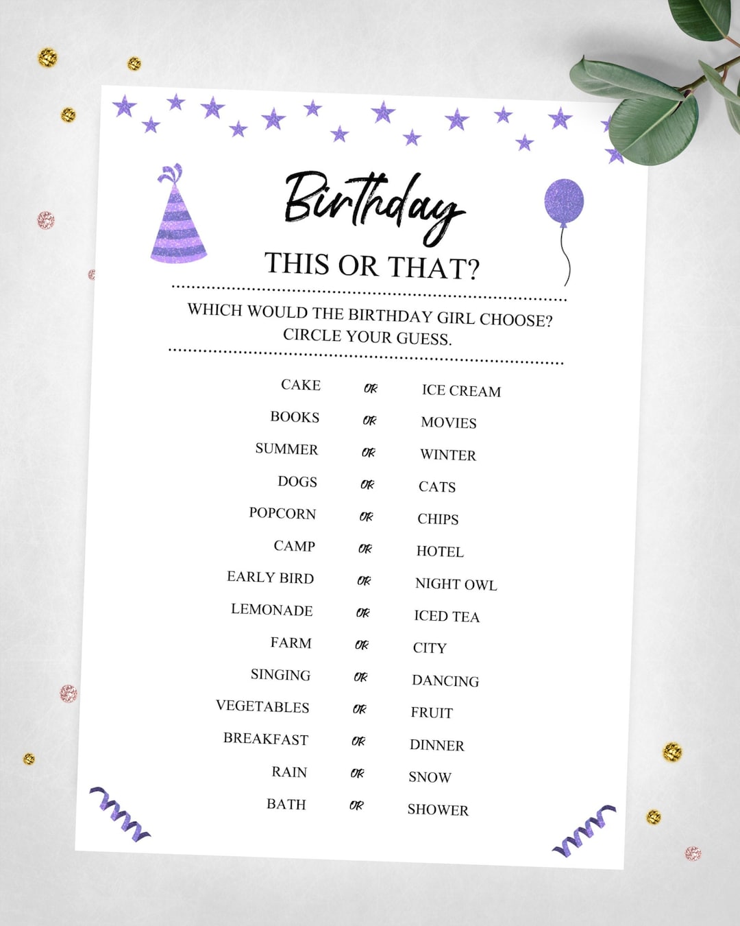 Birthday This or That? Lavender Party Game. Teen, Tween, Youth, Adult ...